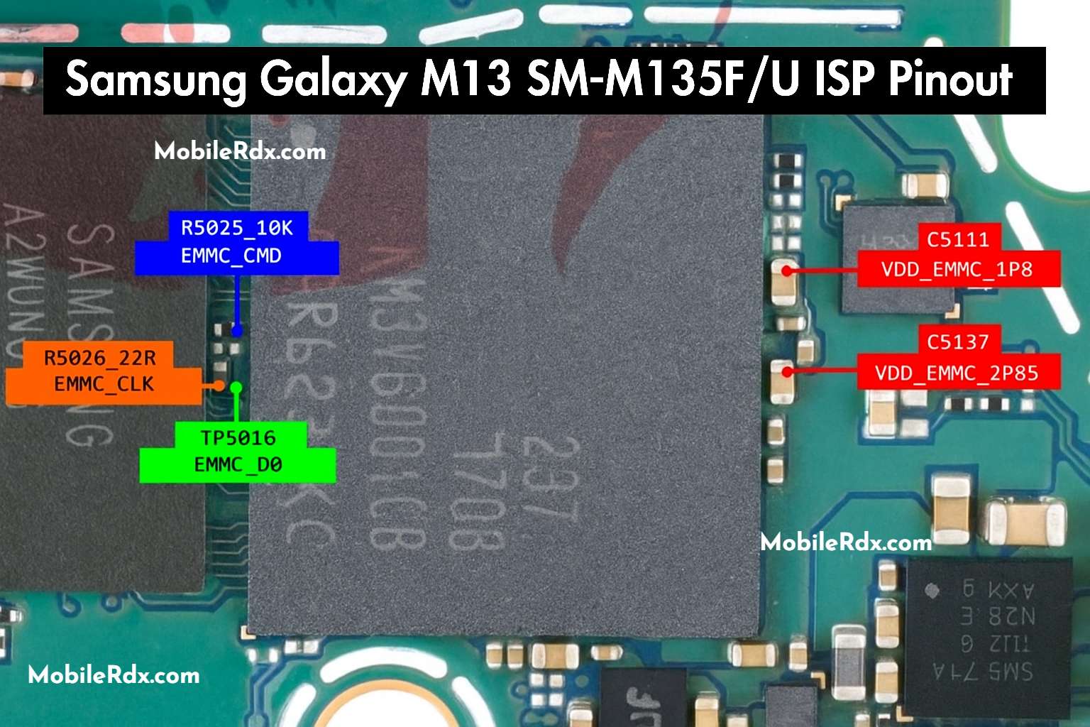 Samsung Galaxy M13 SM-M135F/U EMMC ISP Pinout | Test Point Image